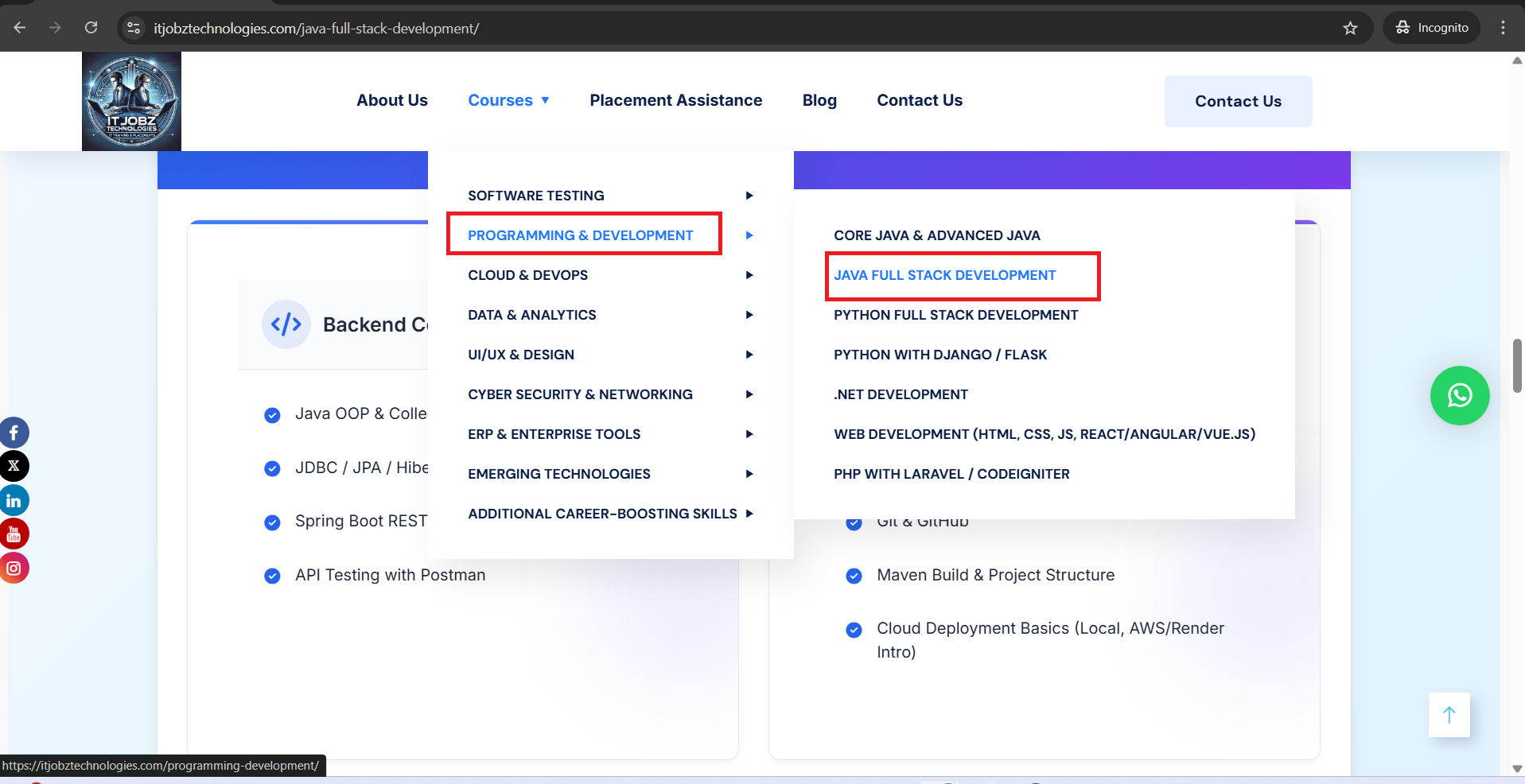 Bug #1692: Courses drop down – Programming & Development (Java Full Stack Development) page ...